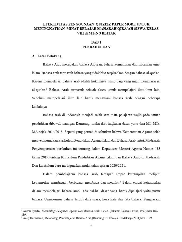 Efektivitas Quizizz Paper Mode di MTsN 3 Blitar | PDF