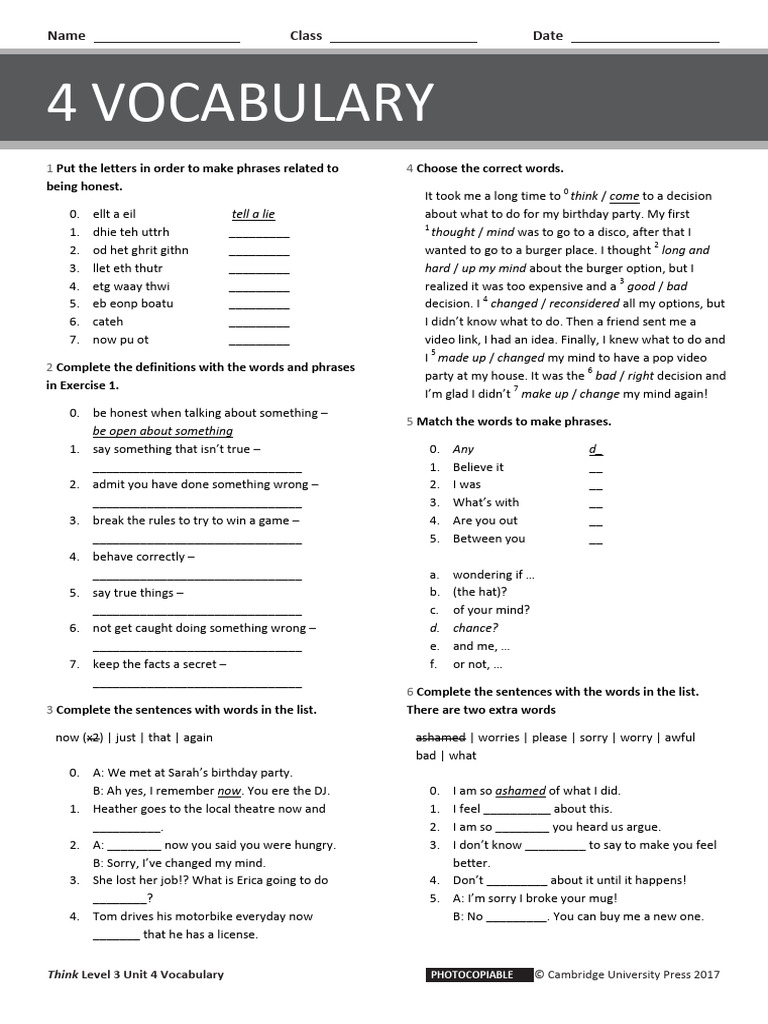 THINK L3 Unit 4 Vocabulary | PDF