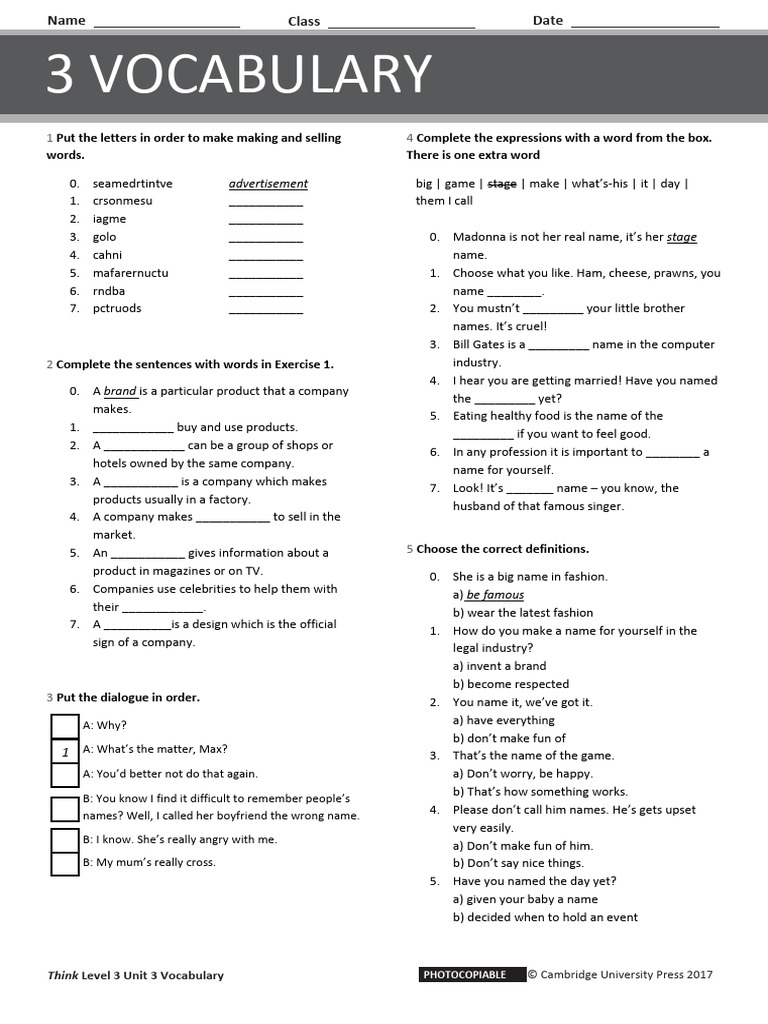THINK L3 Unit 3 Vocabulary | PDF | Marketing