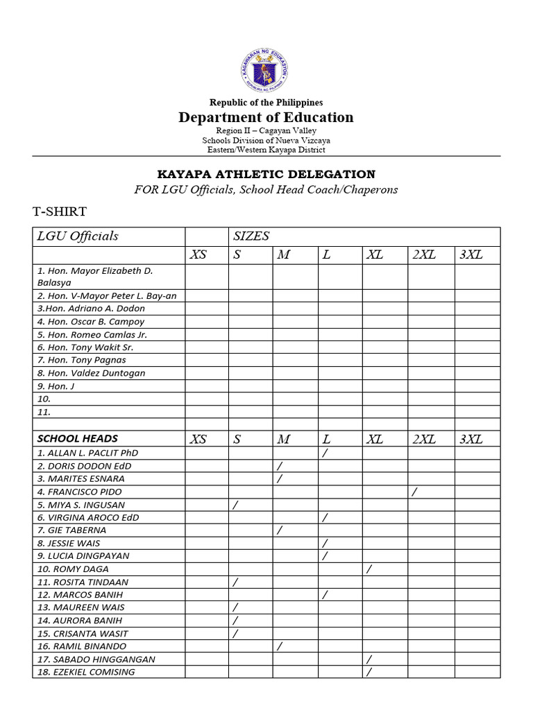 Sizes of T Shirt Final For LGU SH Coaches | PDF