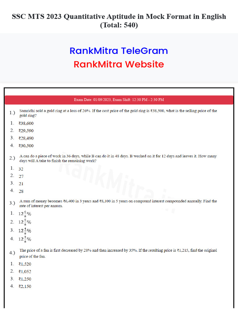 SSC MTS 2023 Quantitative Aptitude Mock | PDF | Interest | Money