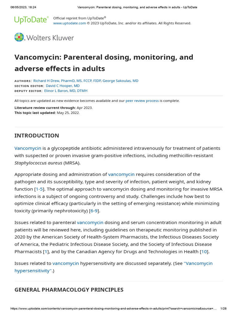 Vancomycin - Parenteral Dosing, Monitoring, and Adverse Effects in Adults - UpToDate | PDF ...