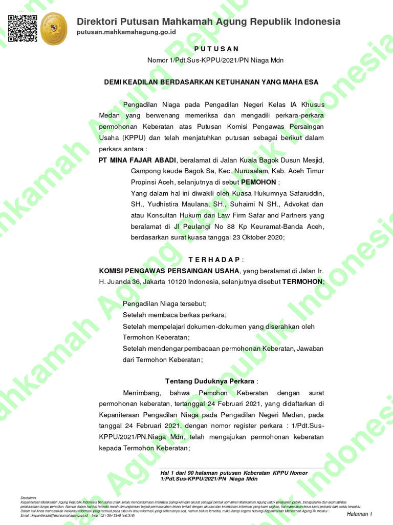 Putusan PN Medan No.1 KPPU | PDF