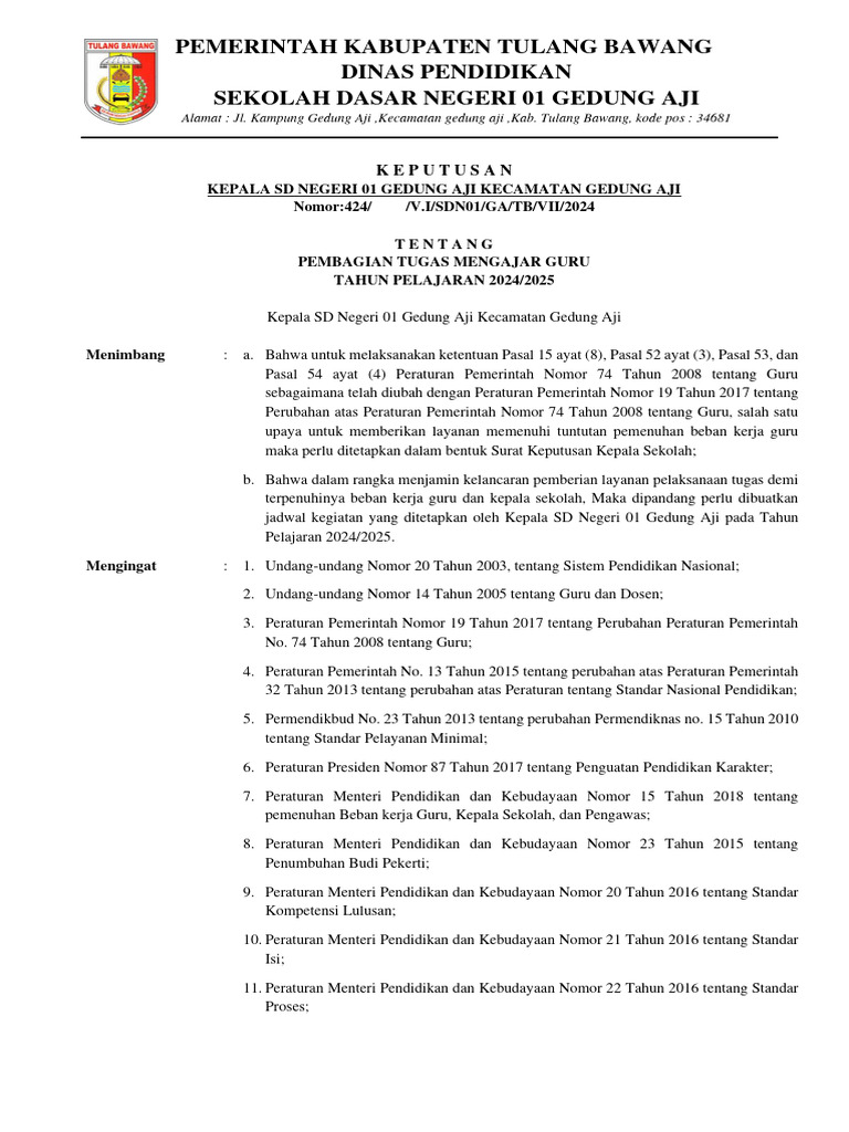 SK Pembagian Tugas Mengajar 2 | PDF