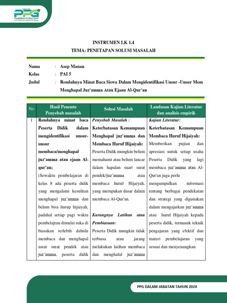 LK 1.4 - Penetapan Solusi Masalah (MODUL PEDAGOGI - PBL) (ASEP MANAN) | PDF
