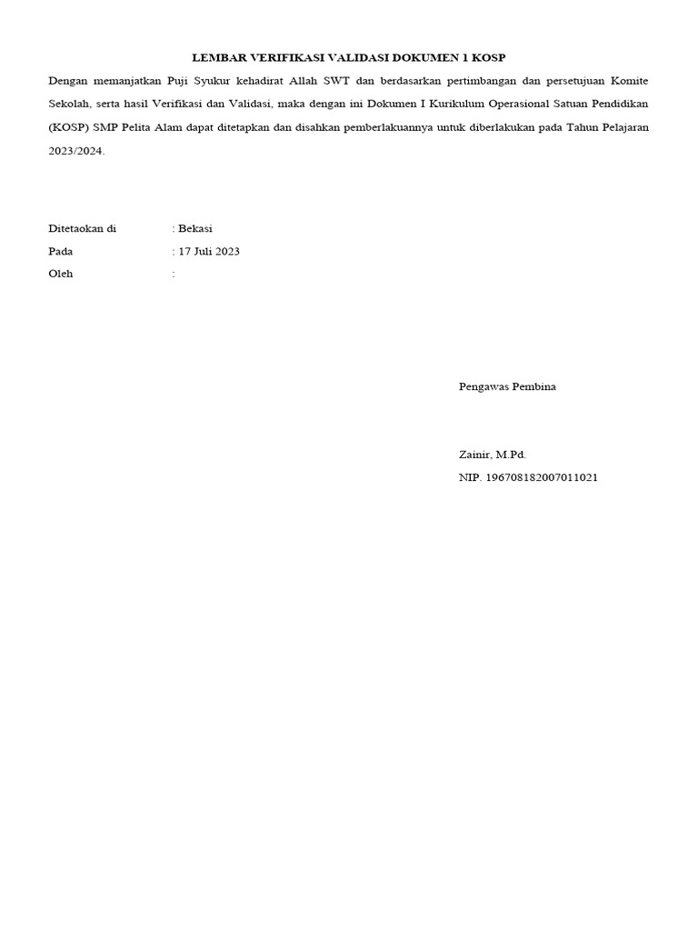 Lembar Verifikasi Validasi Dokumen 1 Kosp | PDF