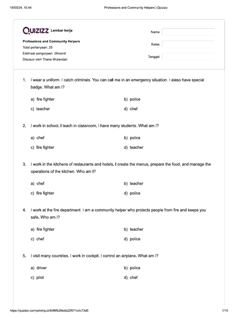 Professions and Community Helpers - Quizizz | PDF