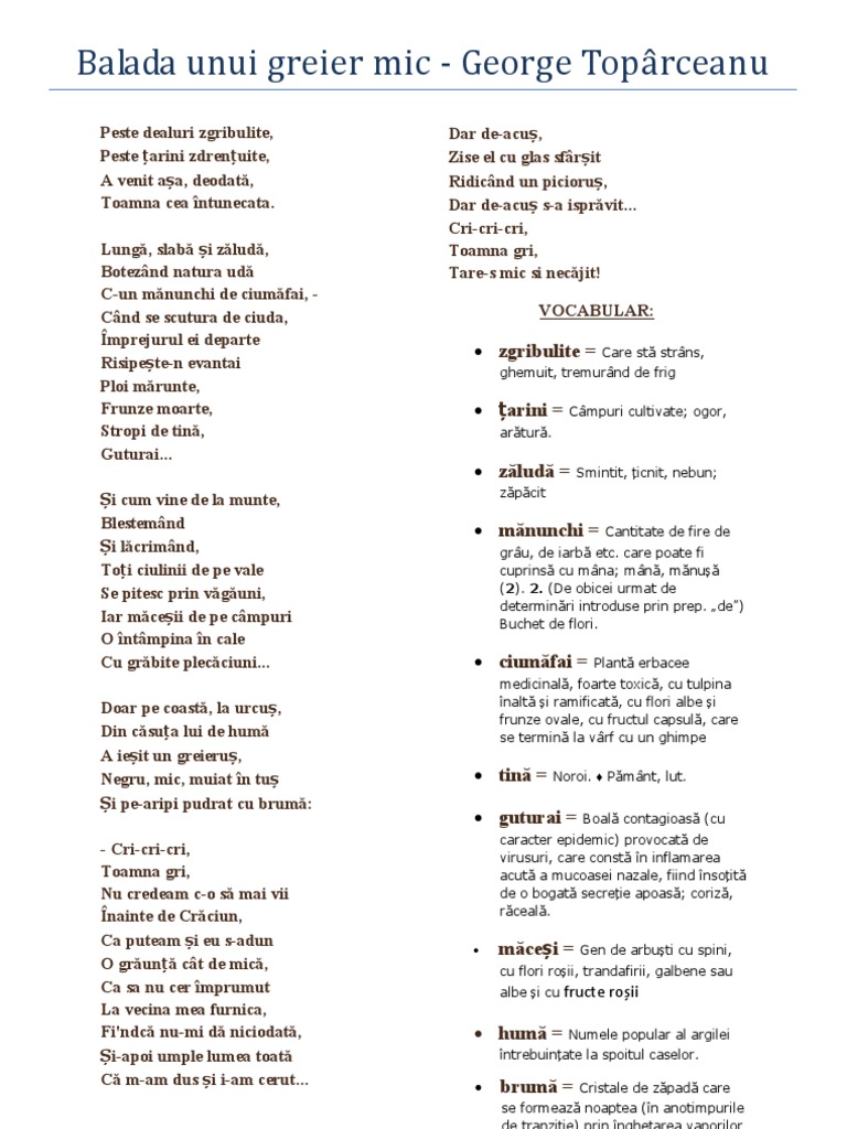 GEORGE TOPARCEANU - Balada Unui Greier Mic | PDF