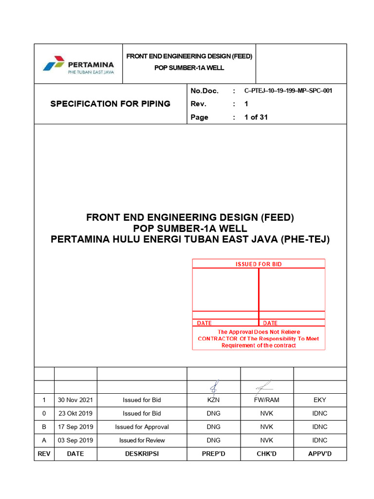 C-PTEJ-10-19-199-MP-SPC-001 SPECIFICATION FOR PIPING Rev 1 FW - Stamp | PDF