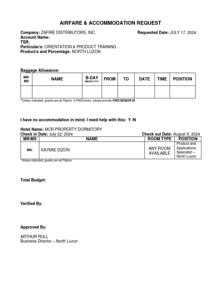 Airfare and Accommodation Request - KAYMIE DIZON | PDF