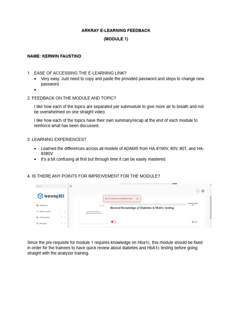 ARKRAY E-Learning Module 1 Feedback | PDF | Educational Technology ...