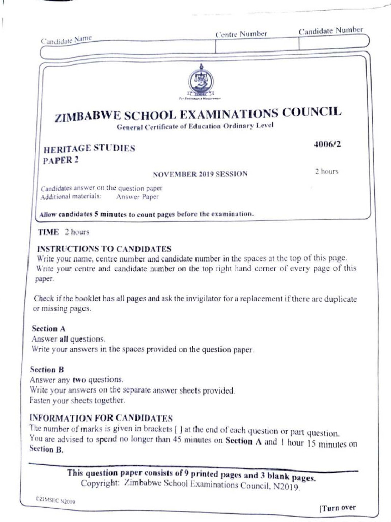 ZIMSEC Heritage Studies Paper 2 Nov 2019 | PDF