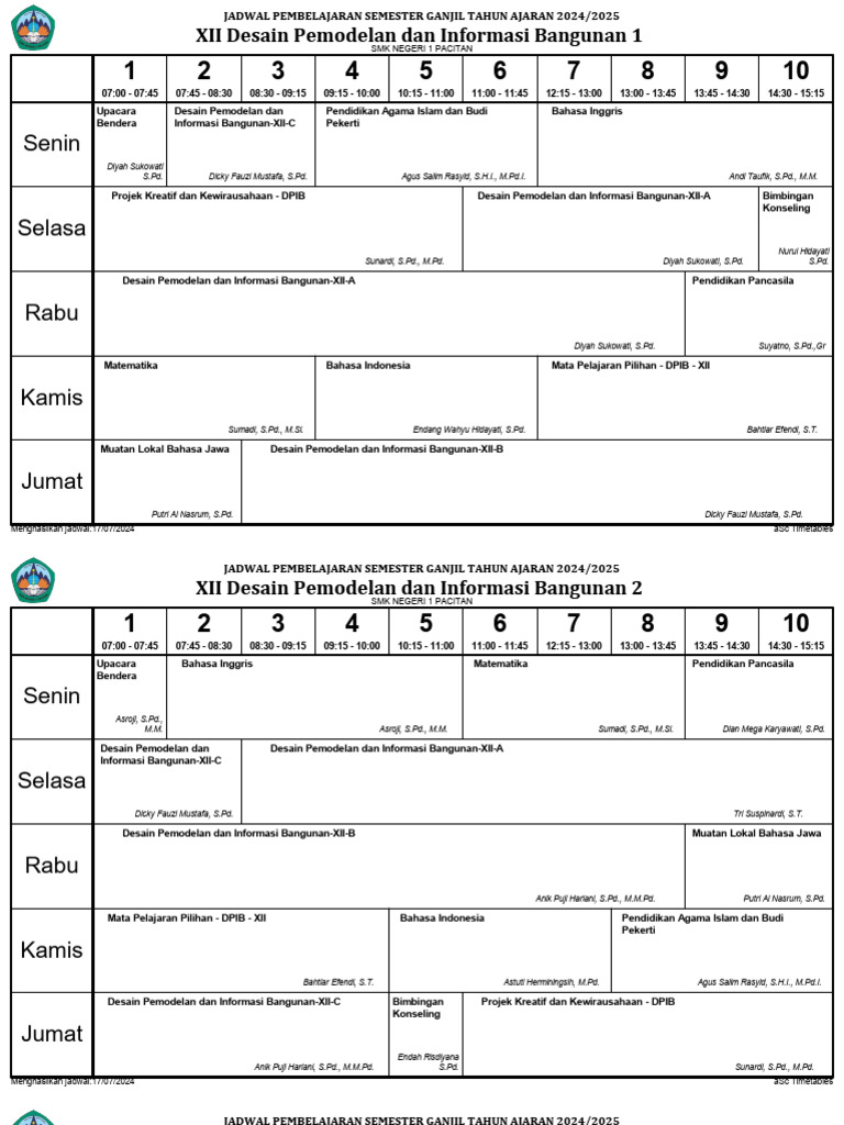 Kelas-Jadwal PBM Semester Ganjil 2024-2025-V2 | PDF