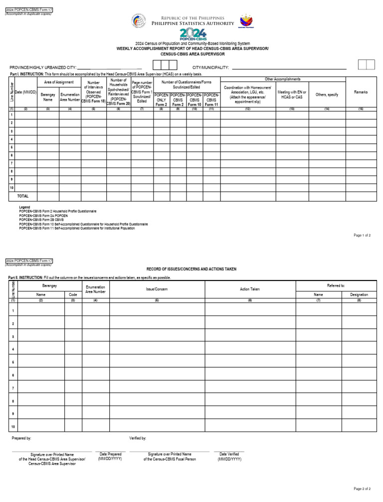 2024 POPCEN-CBMS Weekly Report Form | PDF | Statistical Data Sets ...