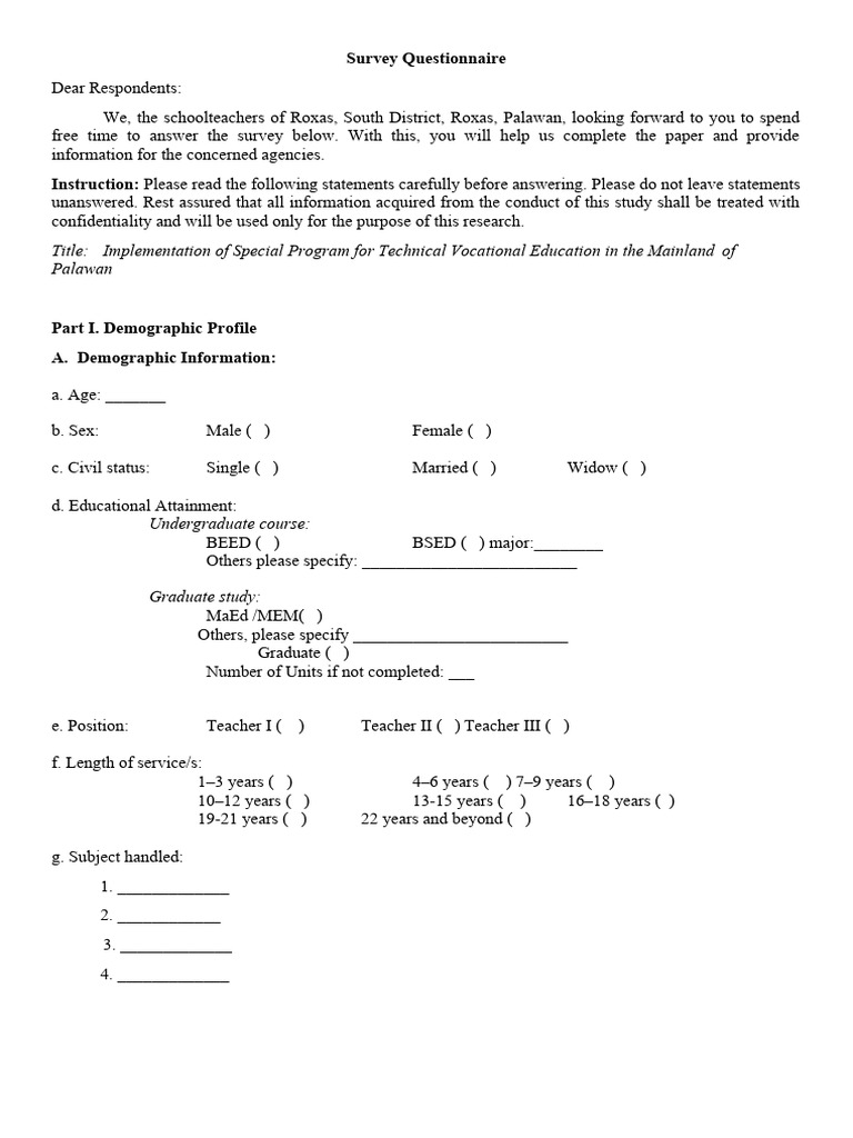 Survey Questionnaire sa district research | PDF | Curriculum | Learning