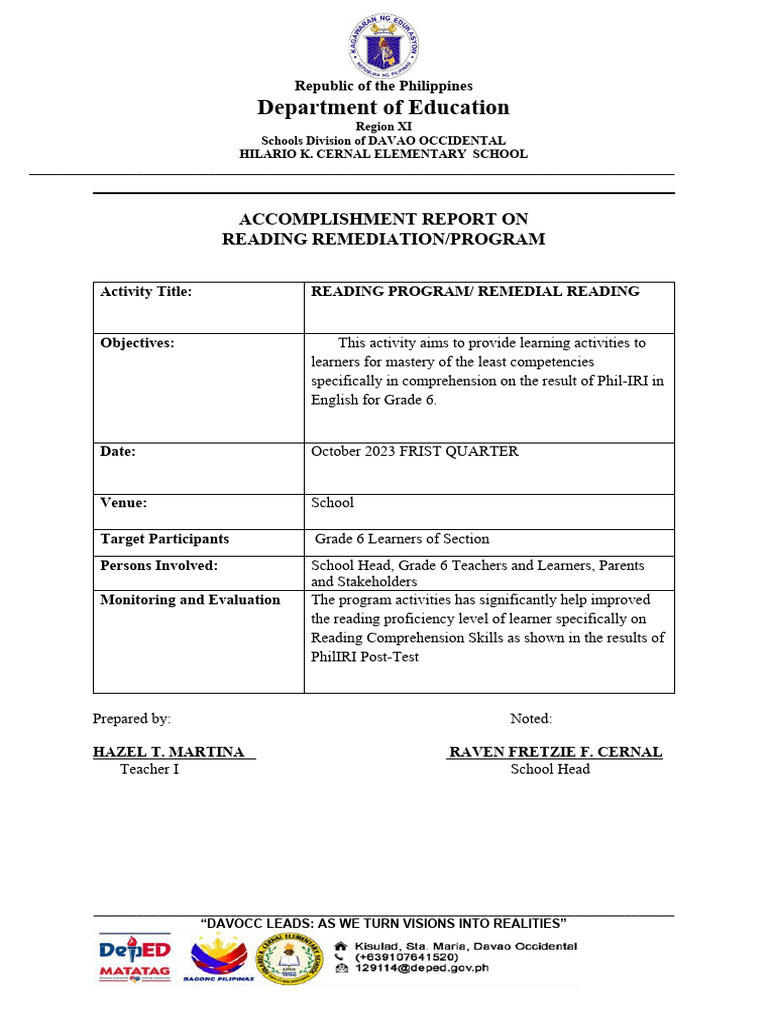 Accomplishment and Narrative Report Reading Program | PDF | Reading Comprehension | Learning