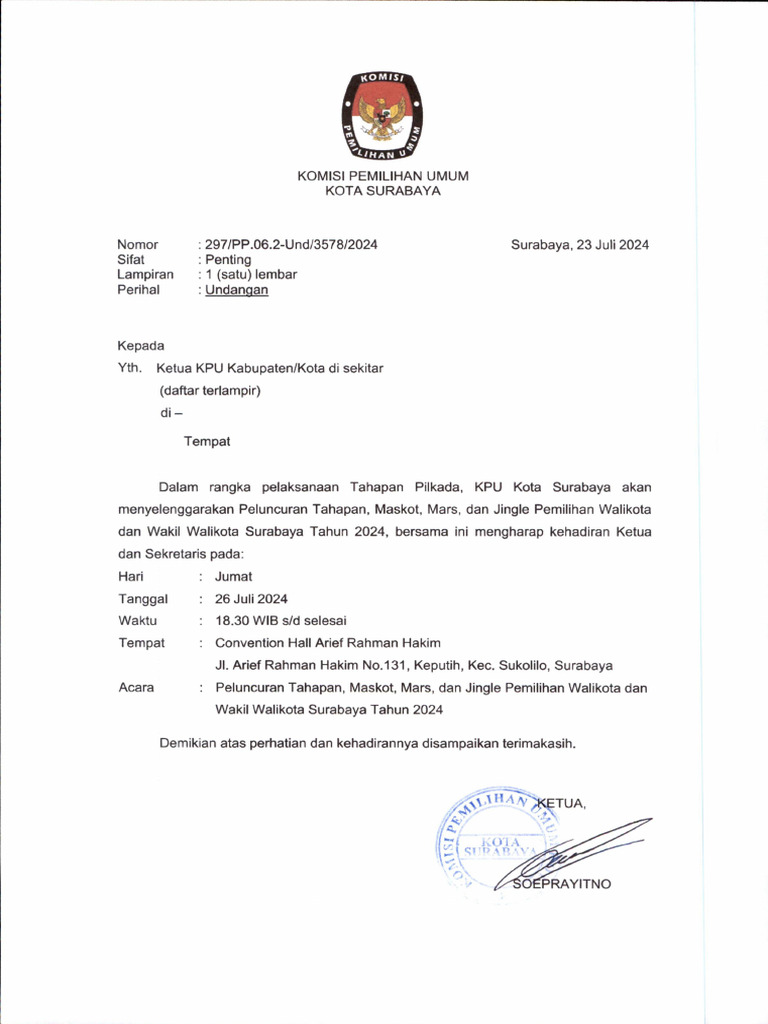 Surat Ketua No 297 TG Launching Pilkada 2024 - KPU Kabko - Stempel | PDF