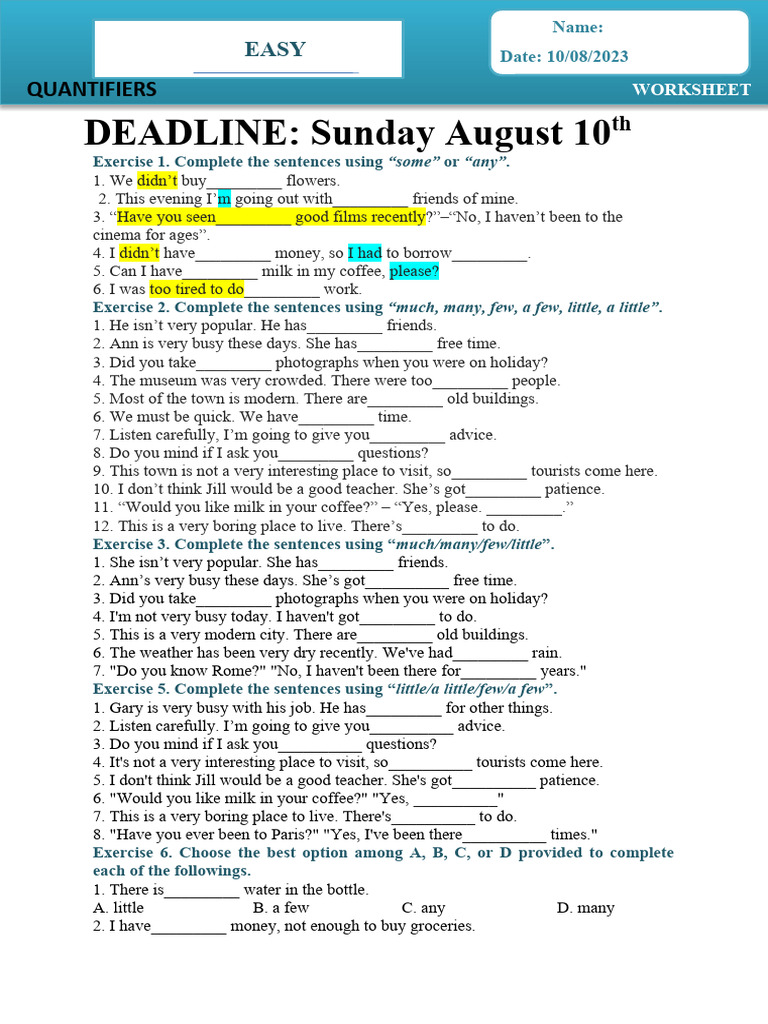 Quantifiers Worksheet | PDF