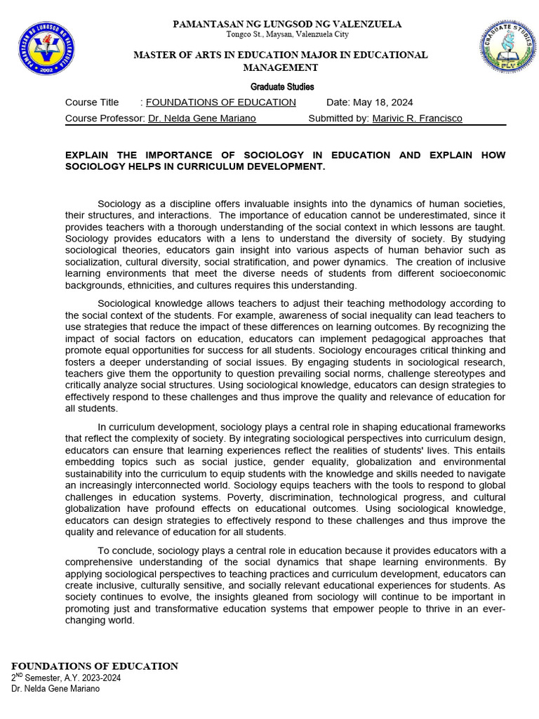 FRANCISCO, MARIVIC R-Assignment Sociological Foundations of Education | PDF | Sociology | Teachers