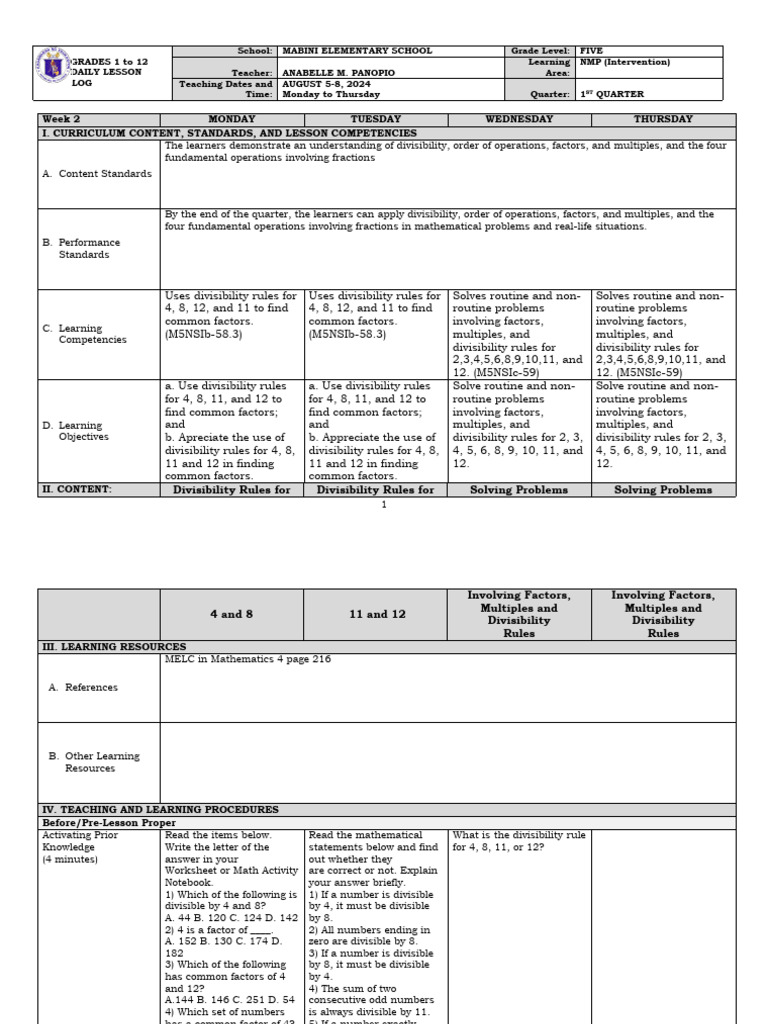 Grade 5 NMP Quarter 1 Week 2 | PDF | Numbers | Arithmetic
