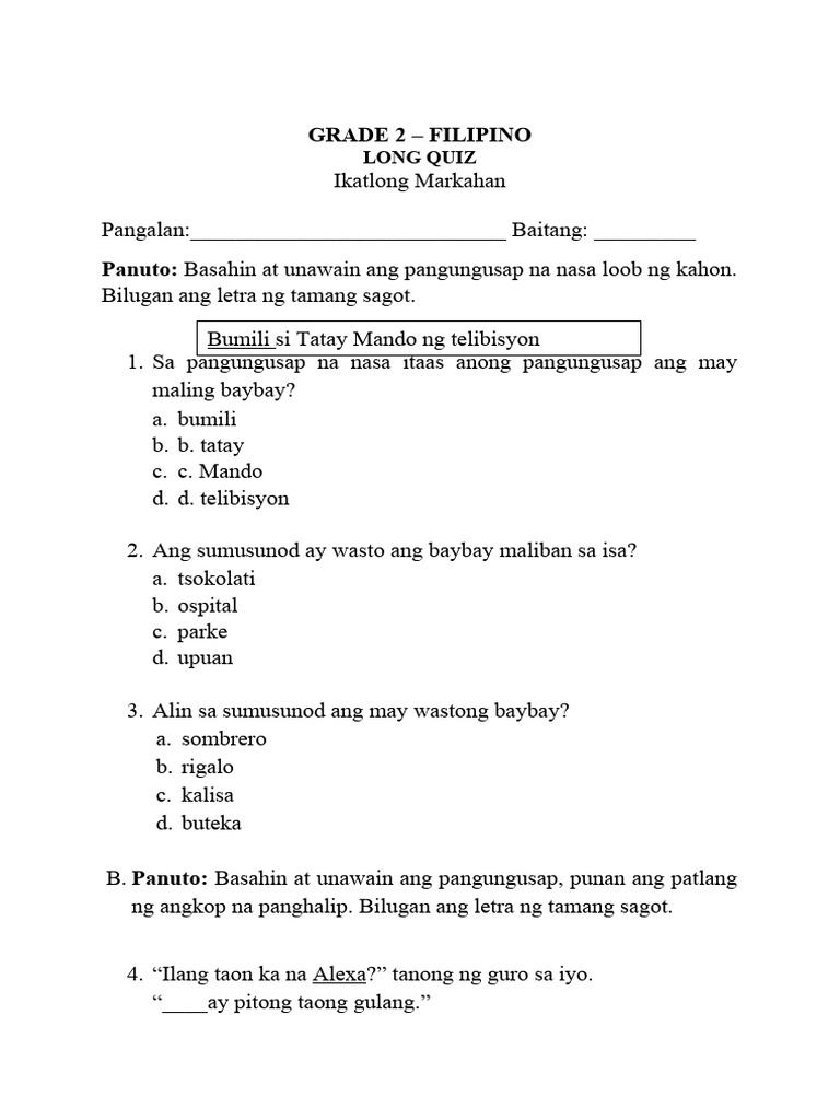 Filipino2 - q3 - Week8 - Long Test | PDF
