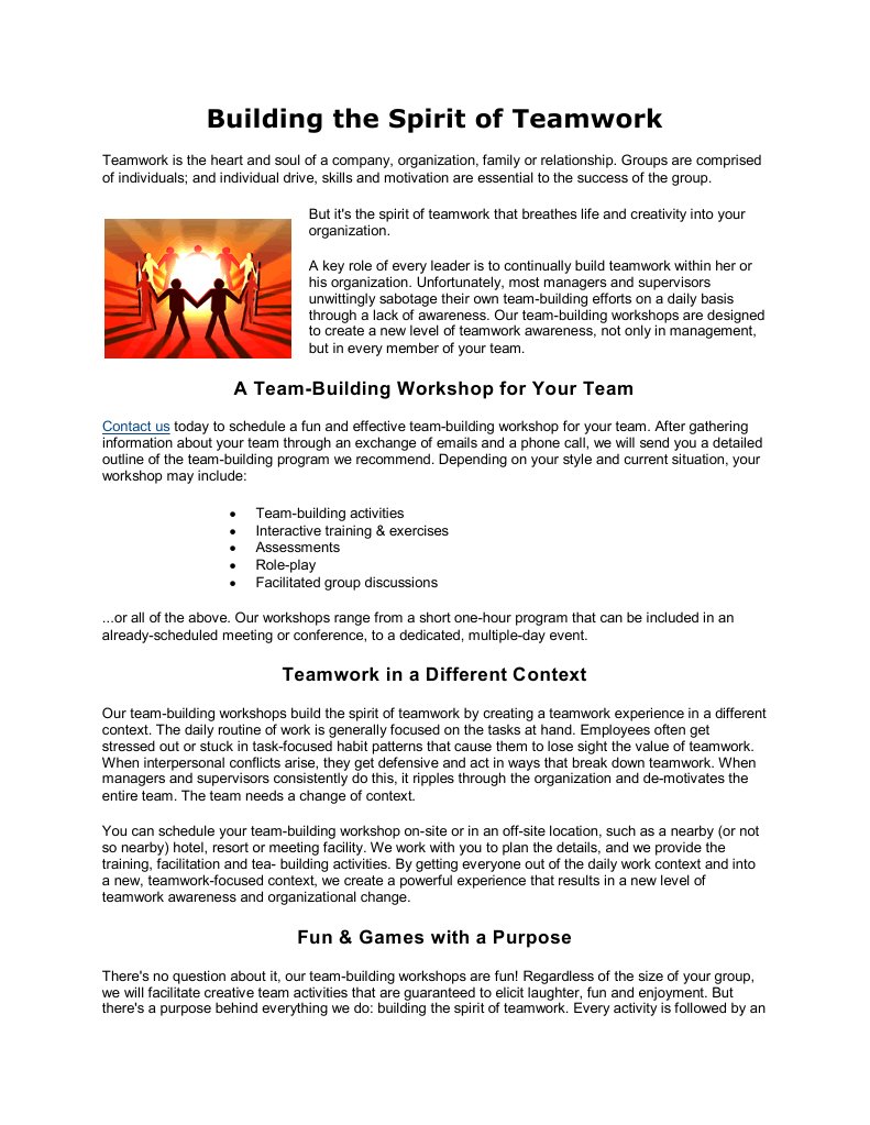 Building The Spirit of Teamwork | PDF | Team Building | Leadership