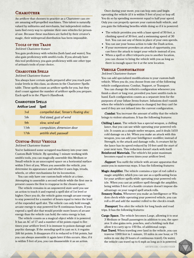 Artificer Subclass - Charioteer - GM Binder | PDF