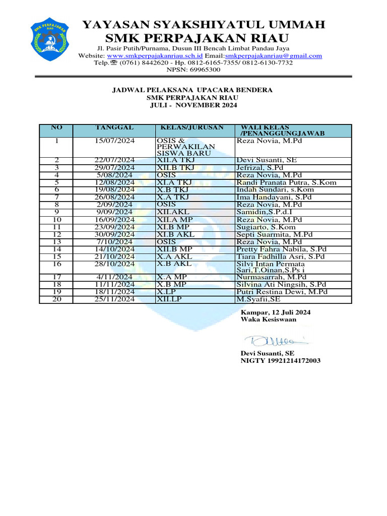 Jadwal Kegiatan Upacara, Kamis Dan Imtaq 2024 | PDF
