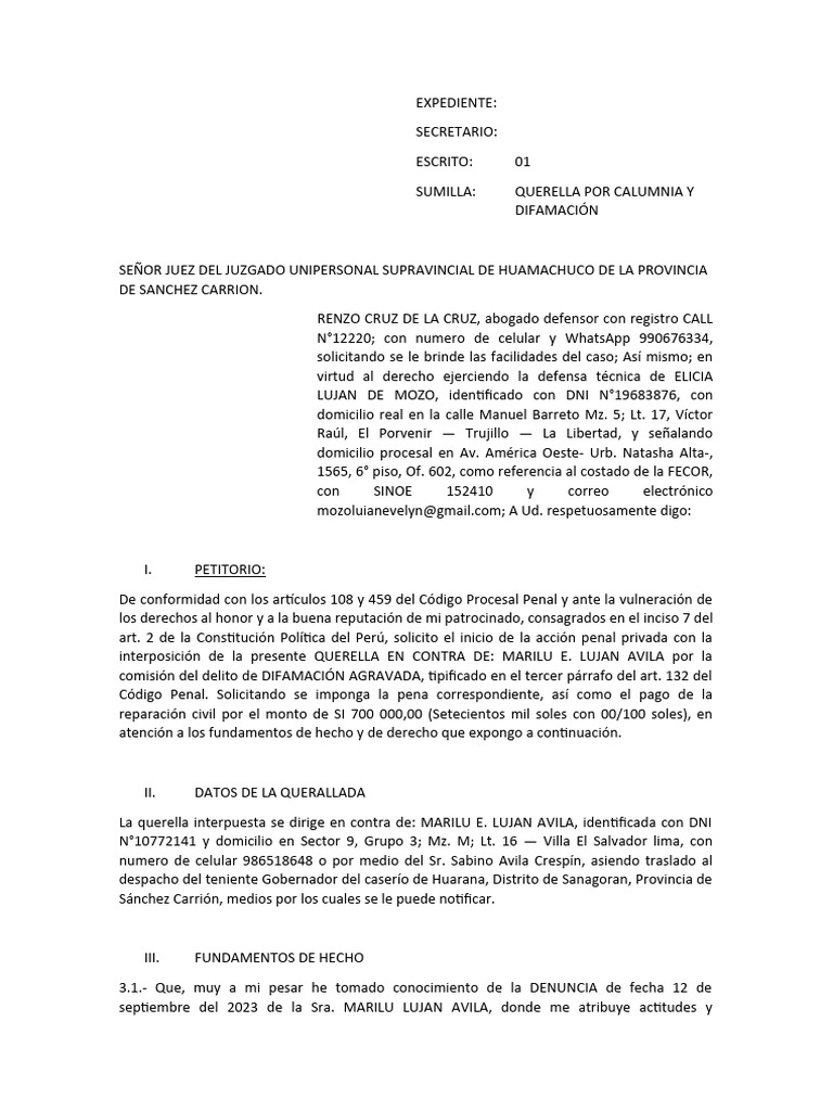 Querella Por Calumnia y Difamación Elicia Lujan de Mozo | PDF | Privacidad | Queja