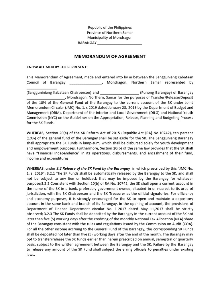 SK Brgy Memorandum of Agreement Transfer of Fund 1 | PDF | Economies ...