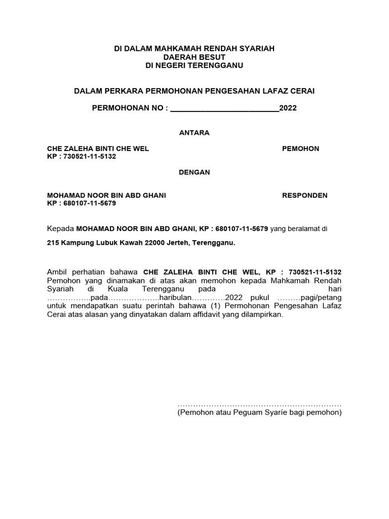 Contoh Surat Lafaz Cerai Mhkamah | PDF
