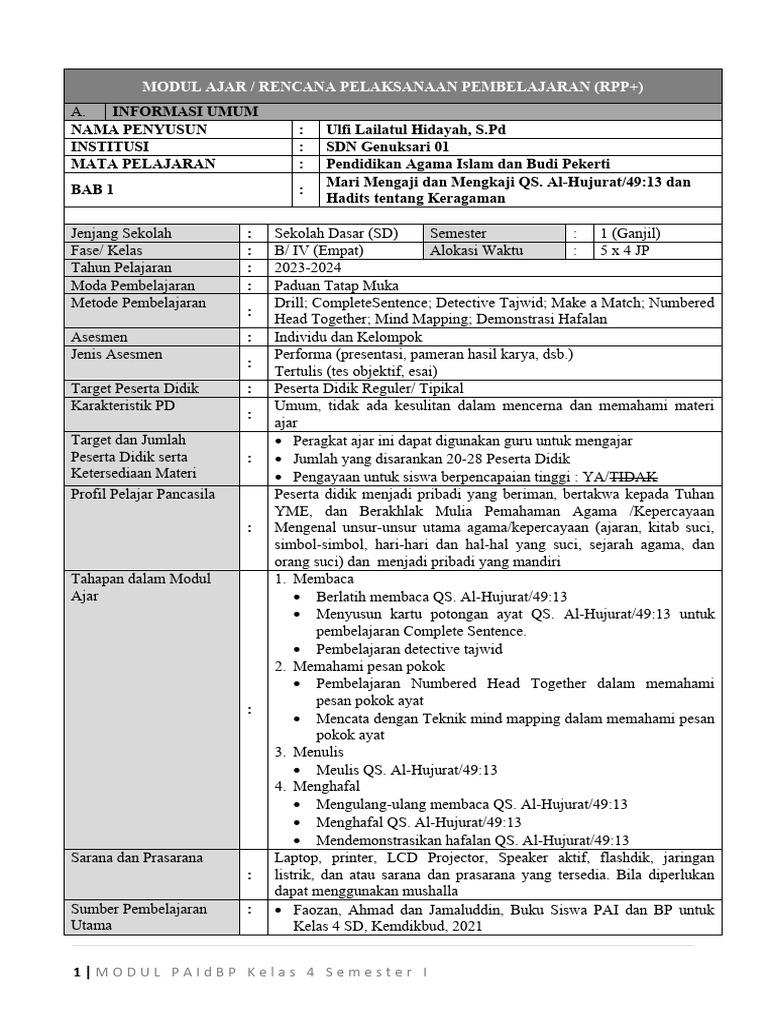 06 Modul Ajar Fase B Kelas 4 - SD - PAIdBP - Bab 1-5 | PDF