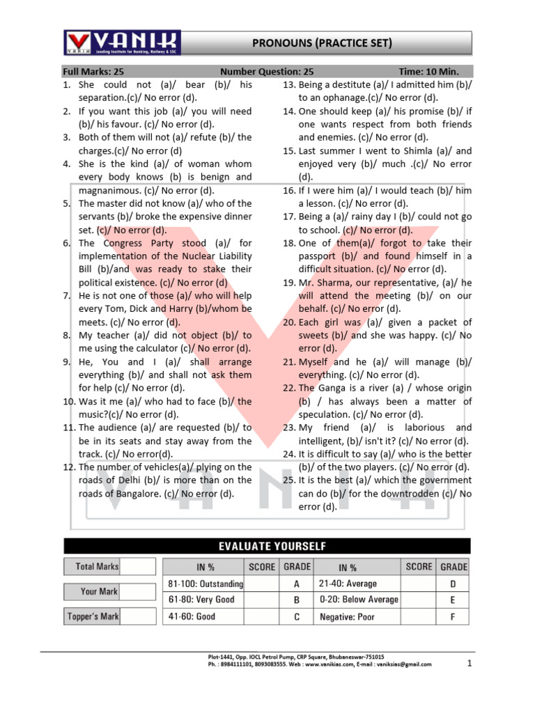 Pronouns - Practice Set | PDF