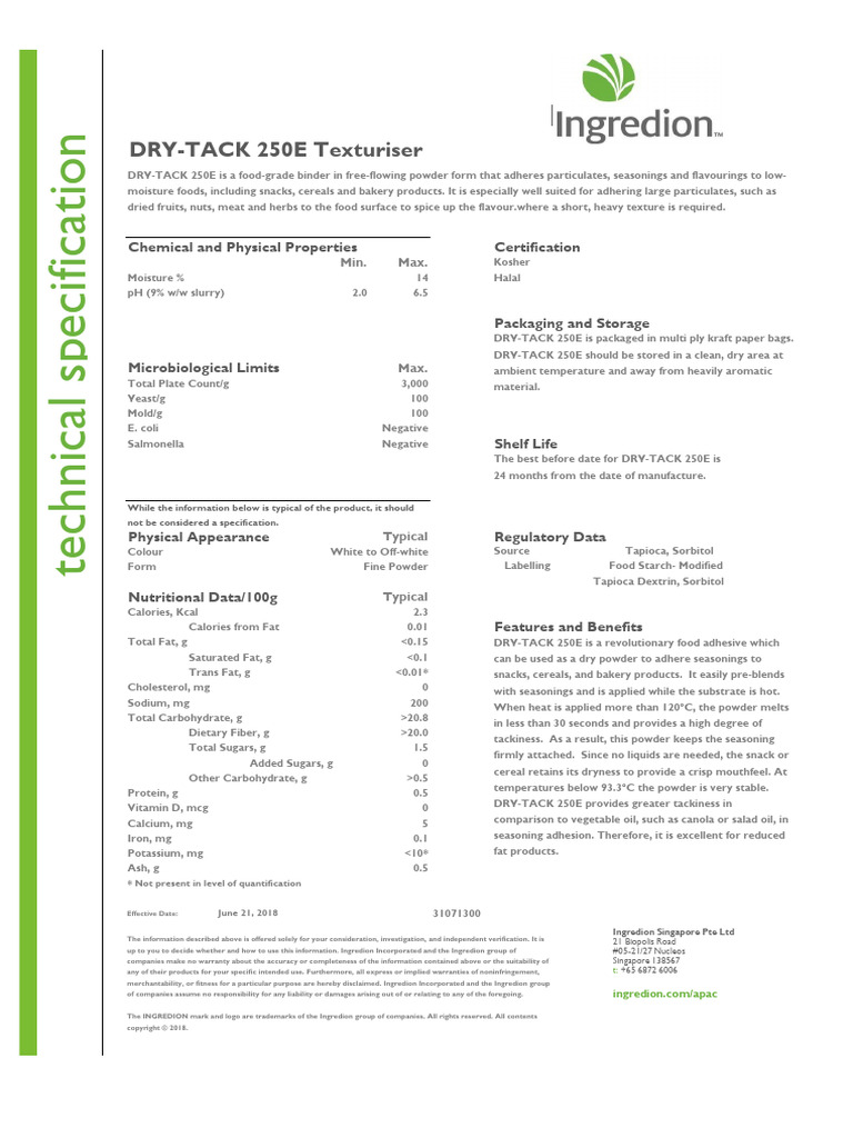 Ingredion DRY-TACK 250E (31071300) Technical Specification | PDF ...