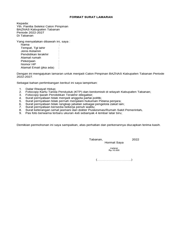 Format Surat Lamaran Pimpinan BAZNAS Tabanan | PDF