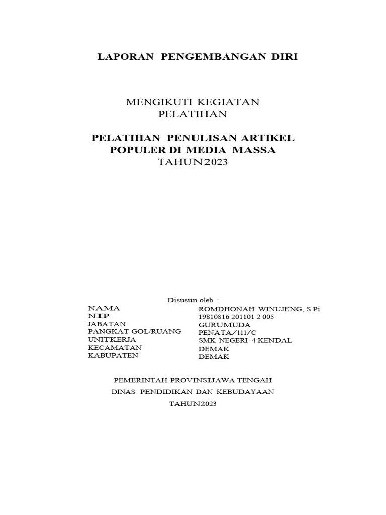 LAPORAN PD2 - Pelatihan Penulisan Artikel Populer Di Media Massa - Romdhonah Winujeng | PDF