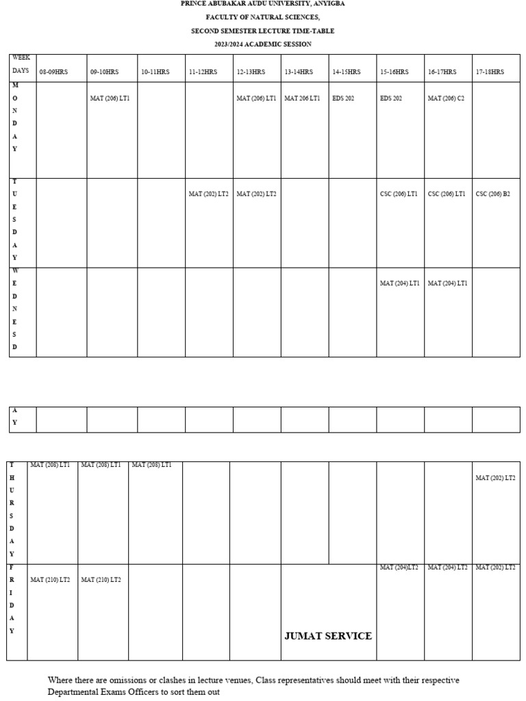 math 200l 2nd semester timetable | PDF