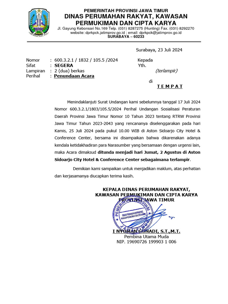 23-07 Surat Penundaan Acara Sosialisasi Perda RTRWP Jatim | PDF