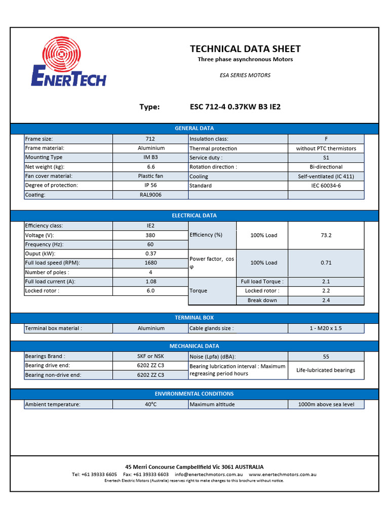 ESA 712-4 0.37kW B3 IE2 (60Hz) - Datasheet - Drawing | PDF | Electrical Engineering | Electricity