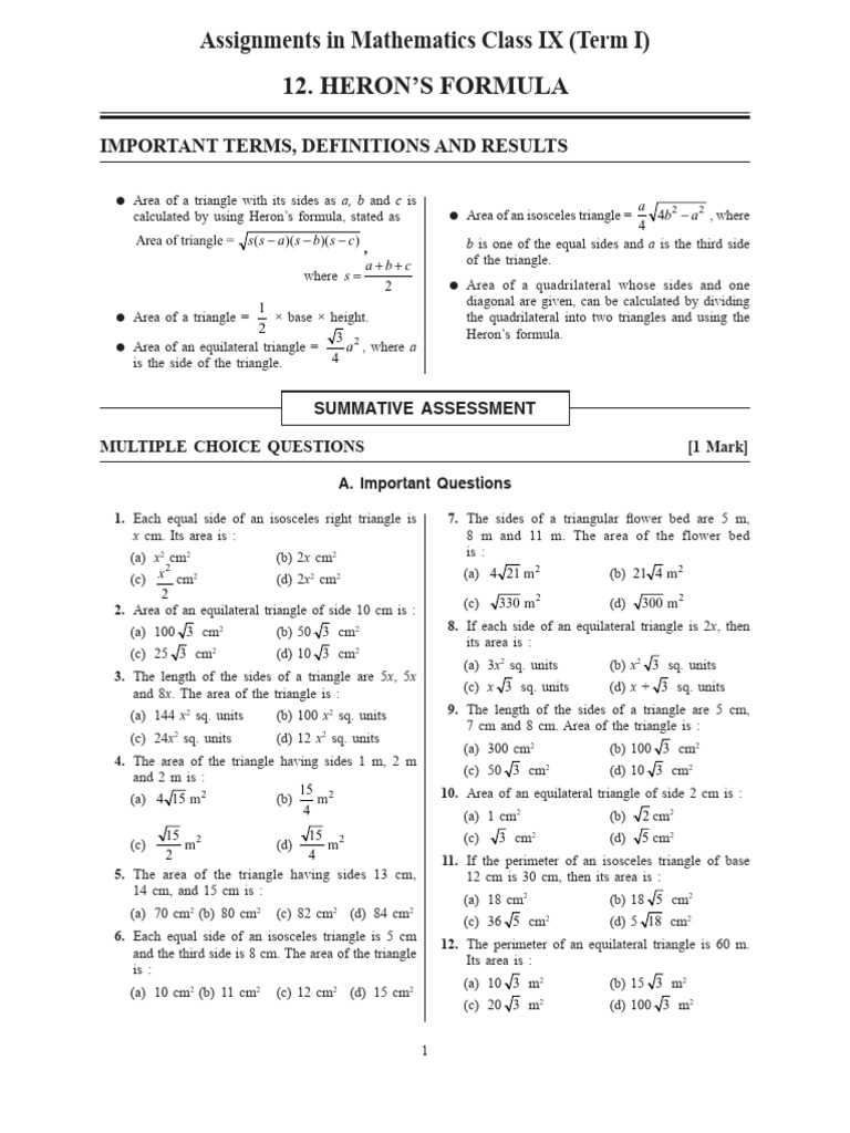 Heron's Formula Worksheet Class 9 | PDF | Area | Triangle