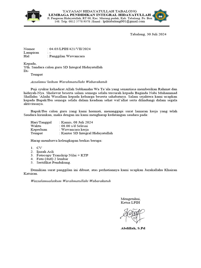 Surat Panggilan Interview SD 2024 | PDF | Kesehatan Holistik | Gaya Hidup