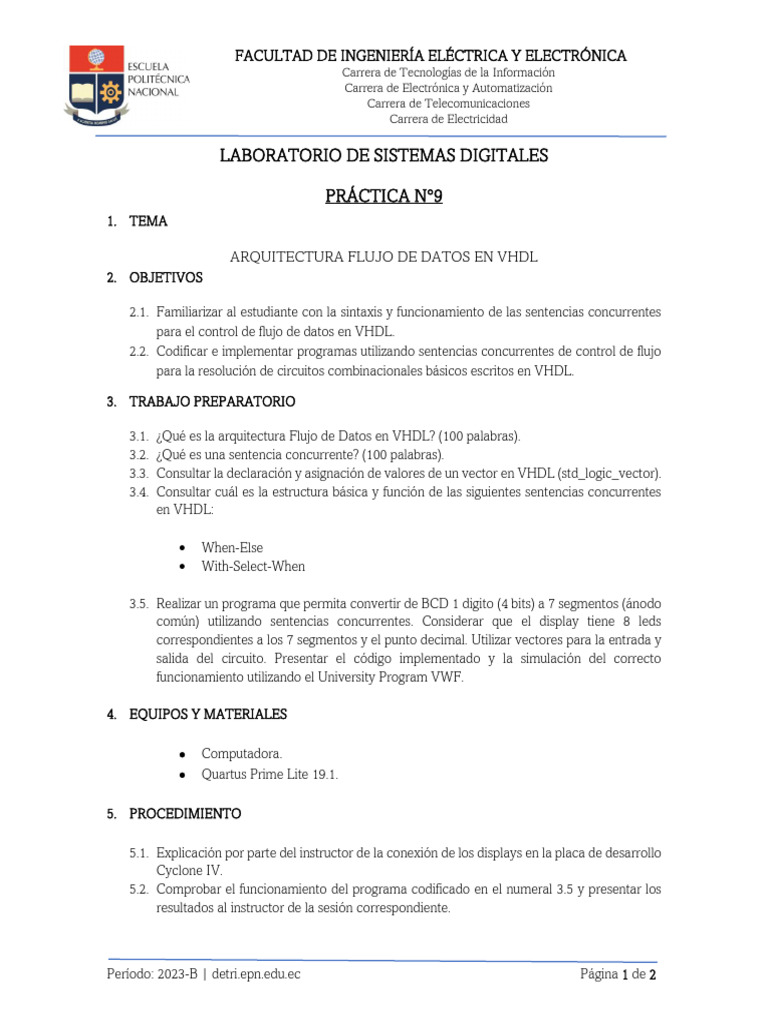 SD Hoja Guia 9 2023B | PDF | Vhdl | Electrónica