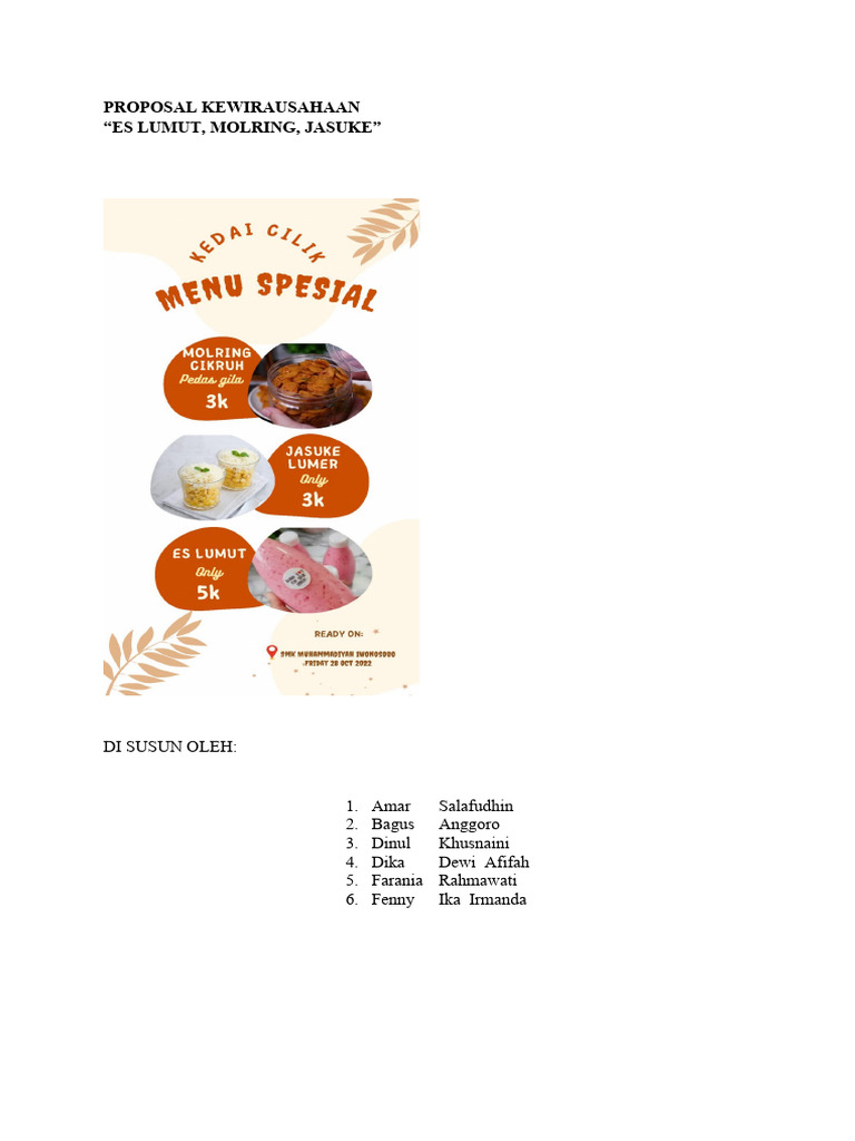Format Proposal Kewirausahaan | PDF | Memasak, Makanan, & Anggur