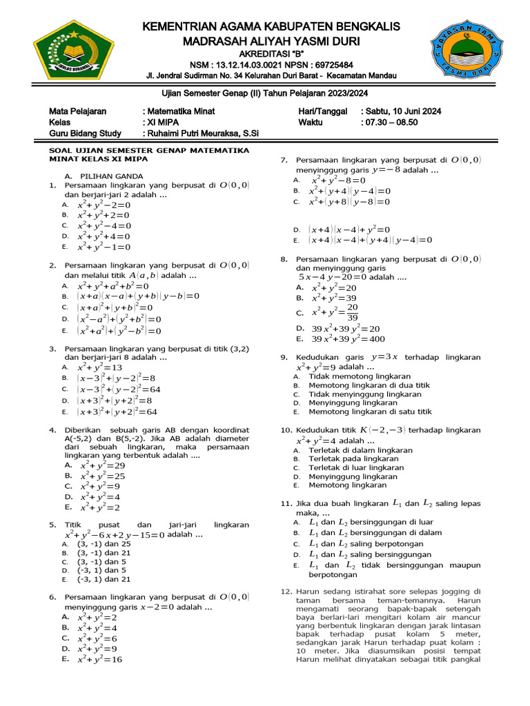 Matematika Minat Xi Mipa 2024 | PDF | Metode & Bahan Ajar