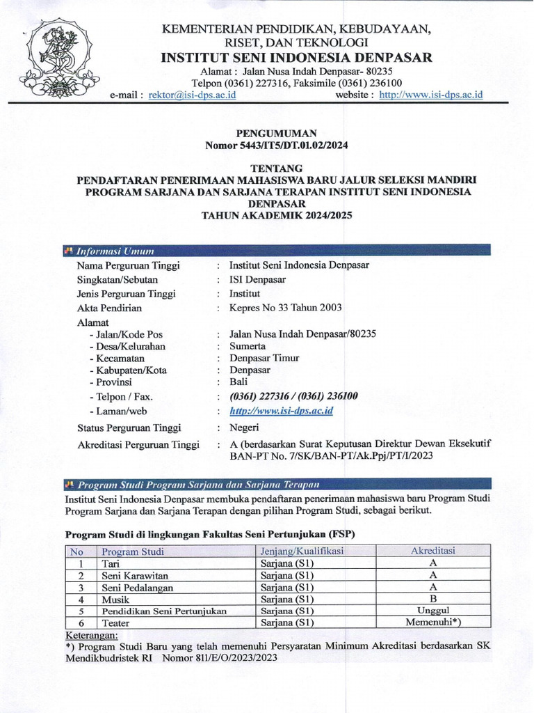 Pengumuman Pendaftaran Penerimaan Mahasiswa Baru Jalur Seleksi Mandiri 2024 | PDF