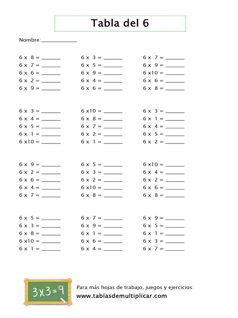 Tabla del 6: Ejercicios de Multiplicación | PDF