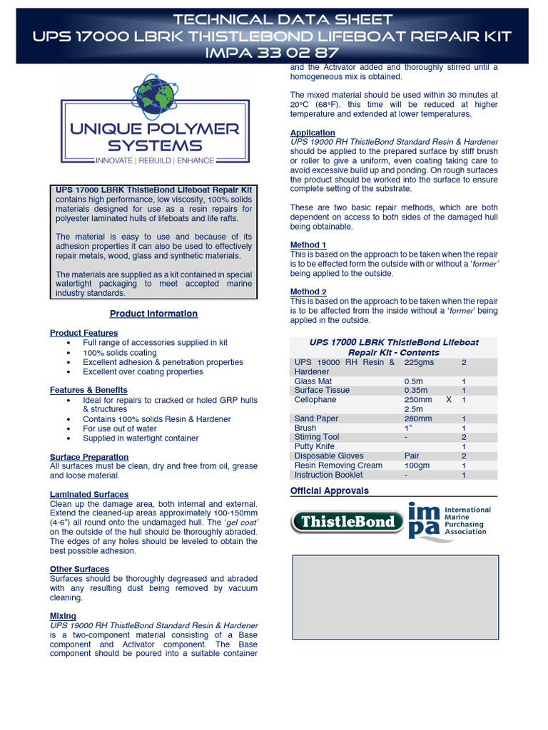 ThistleBond Lifeboat Repair Kit TDS | PDF | Lamination | Glasses