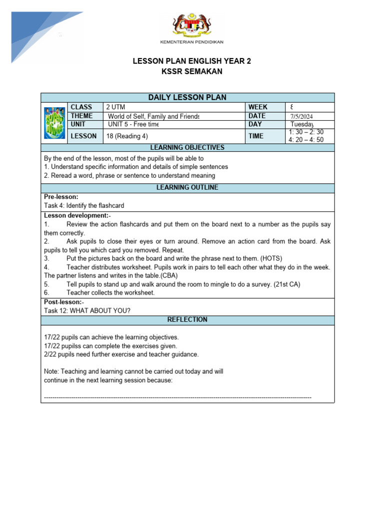 RPH BI THN 2 - Unit 5 (Week 8) | PDF | Lesson Plan | Poetry