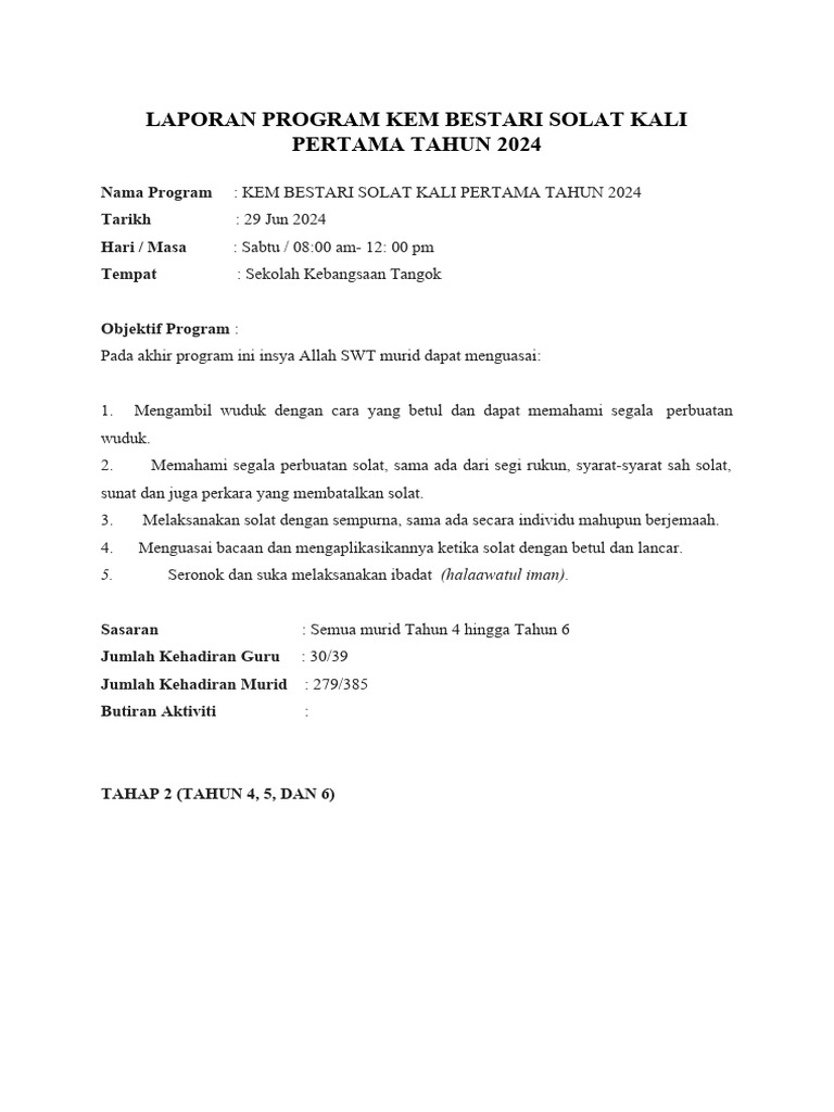 Laporan Program Kem Bestari Solat Kali Pertama Tahun 2024 | PDF