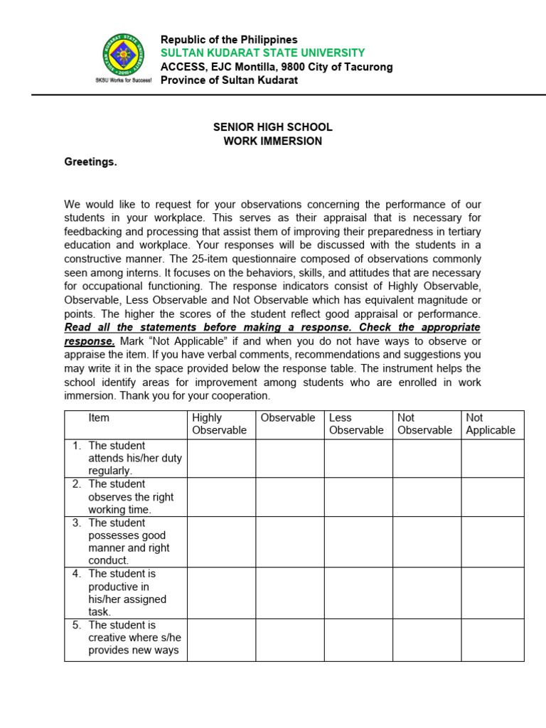 Evaluation Form Immersion | PDF | Performance Appraisal | Cognition